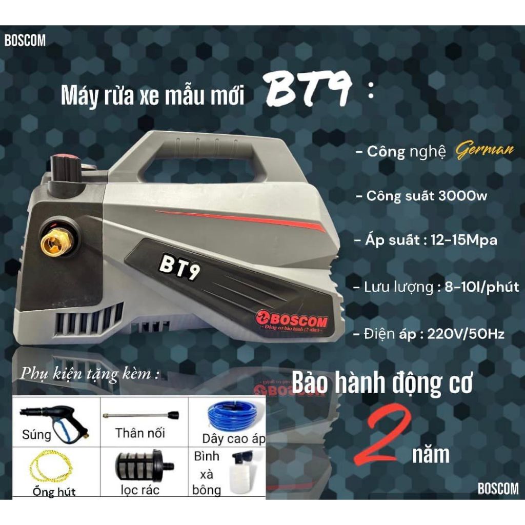 Máy Rửa Xe Chỉnh Áp BOSCOM BT9 3000W / Thiết Kế Nhỏ Gọn / Có Chỉnh Áp / Lõi Đồng / Màu Xám Xi ...