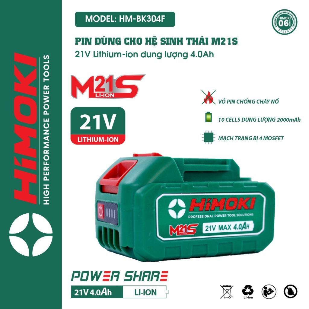 Pin HIMOKI 21V 4ah dòng sả cao chân pin phổ thông dành cho máy siết ốc, máy mài khoan,chuyên vít ...