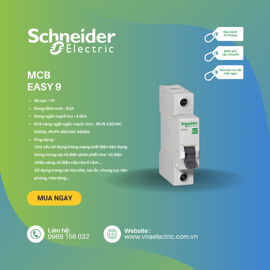 Cầu dao tự động Schneider Easy 9 MCB 1P, 63A, 4.5kA, 230V, C curve - EZ9F34163 | Shopee Việt Nam