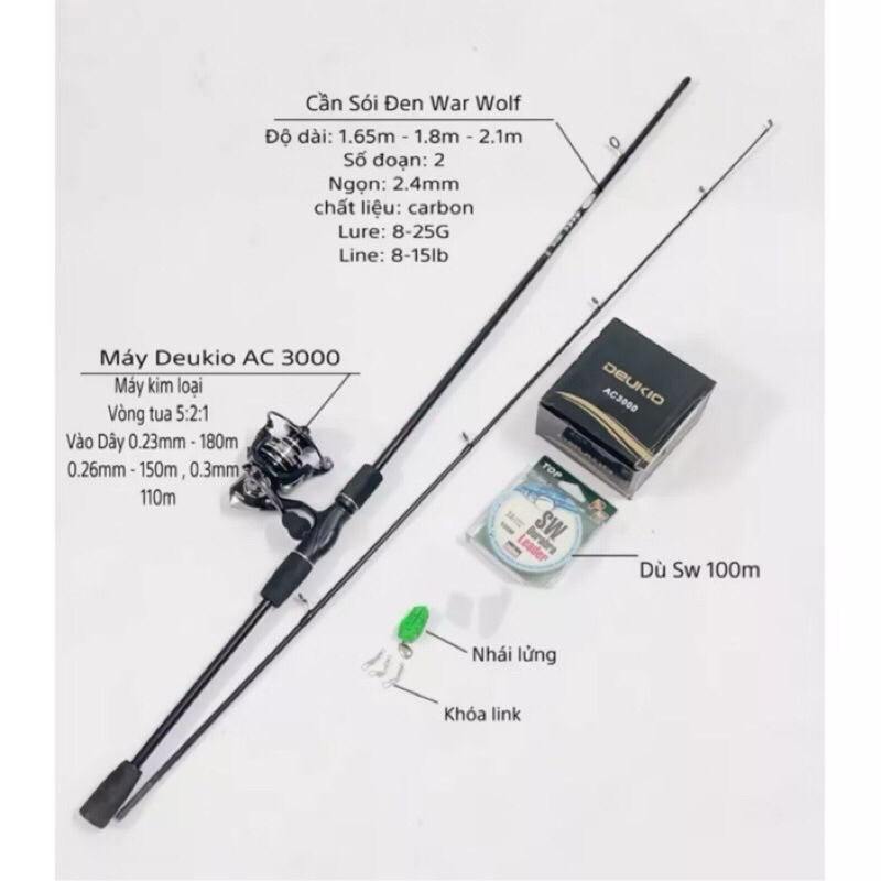 Bộ Combo Cần Câu Lure Sói Đen War Wolf Máy Đứng Deukio AC 3000 Kèm Phụ ...