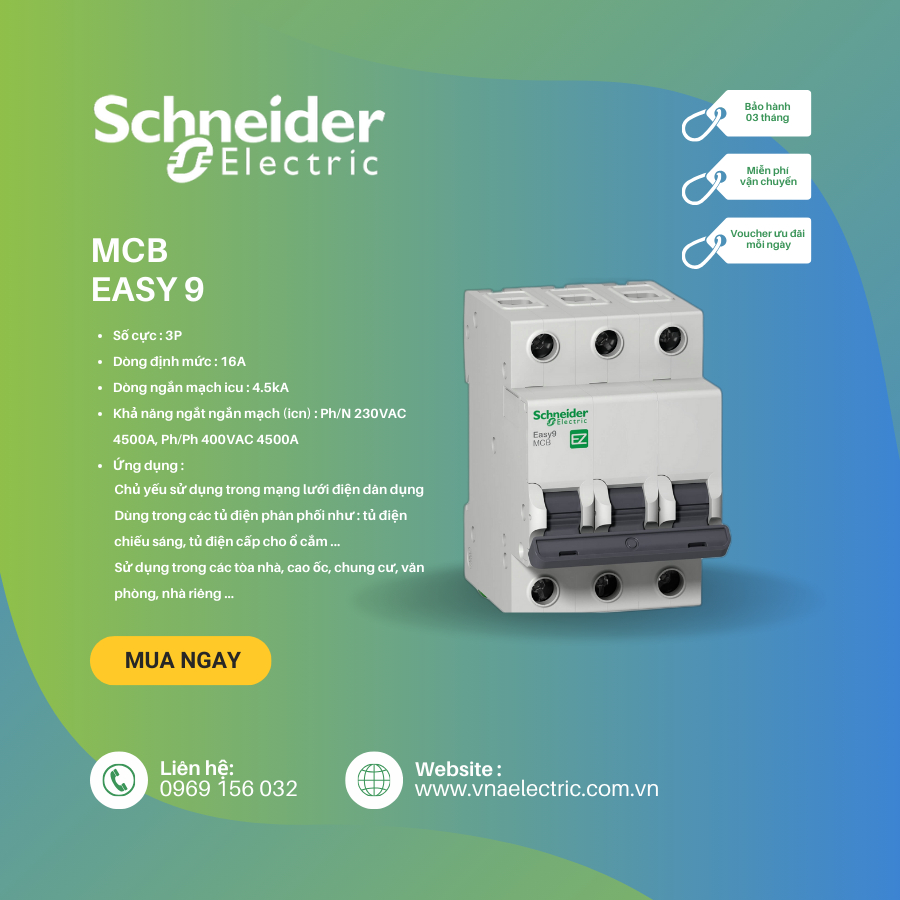 Cầu dao tự động Schneider Easy 9 MCB 3P, 16A, 4.5kA, 400V, C curve - EZ9F34316 | Shopee Việt Nam