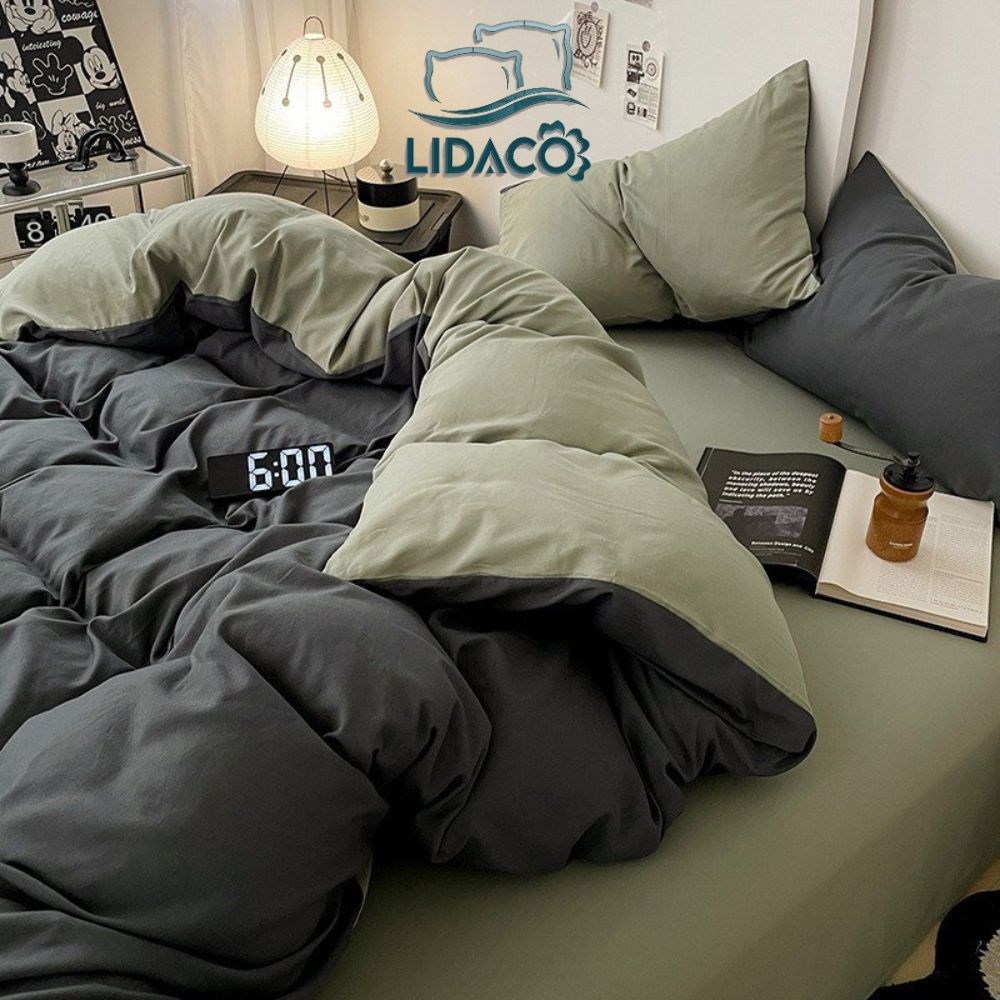 Bộ chăn ga gối cotton tici LIDACO notag - Ghi đậm ga mint | Shopee Việt Nam