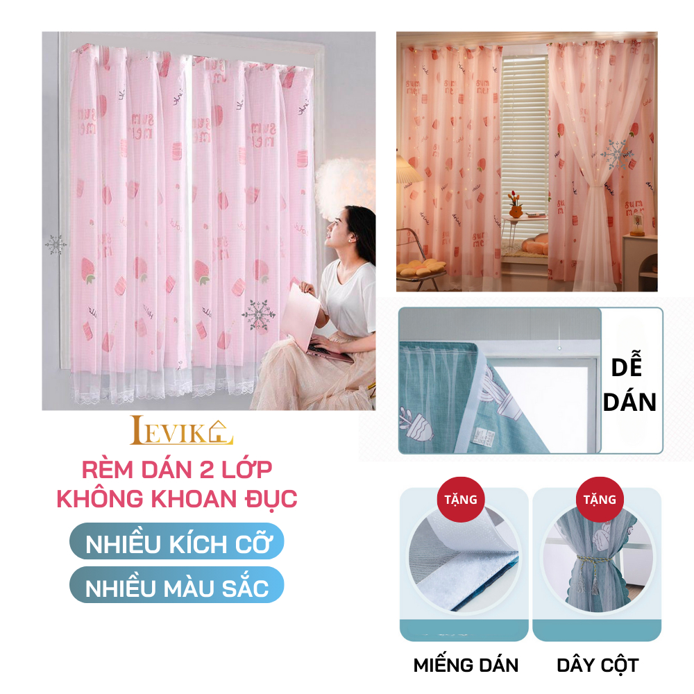 Rèm cửa Levika dán keo không cần thanh treo, hồng dâu trang trí phòng ...