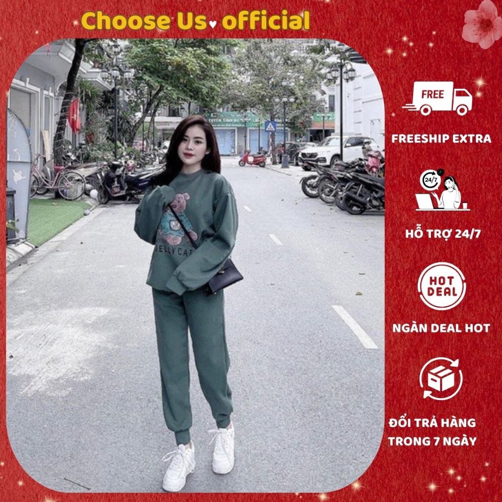 Bộ nỉ nữ thu đông hình in con gấu chất vải nỉ bông, Set đồ nữ thu đông ...