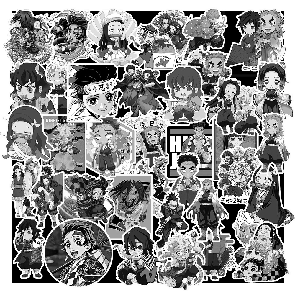 Set 50 Sticker Hình Demon Slayer: Kimetsu No Yaiba Màu Trắng Đen ...