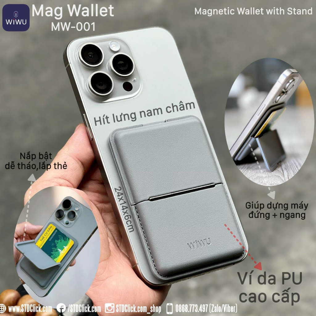Ví da đựng thẻ hít lưng WiWU Mag Wallet MW-001 chính hãng - kèm giá đỡ ...