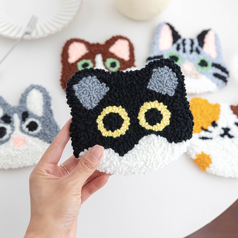 DIY Set nguyên liệu Lót ly Mèo thêu nổi thêu xù làm quà tặng, đồ decor ...