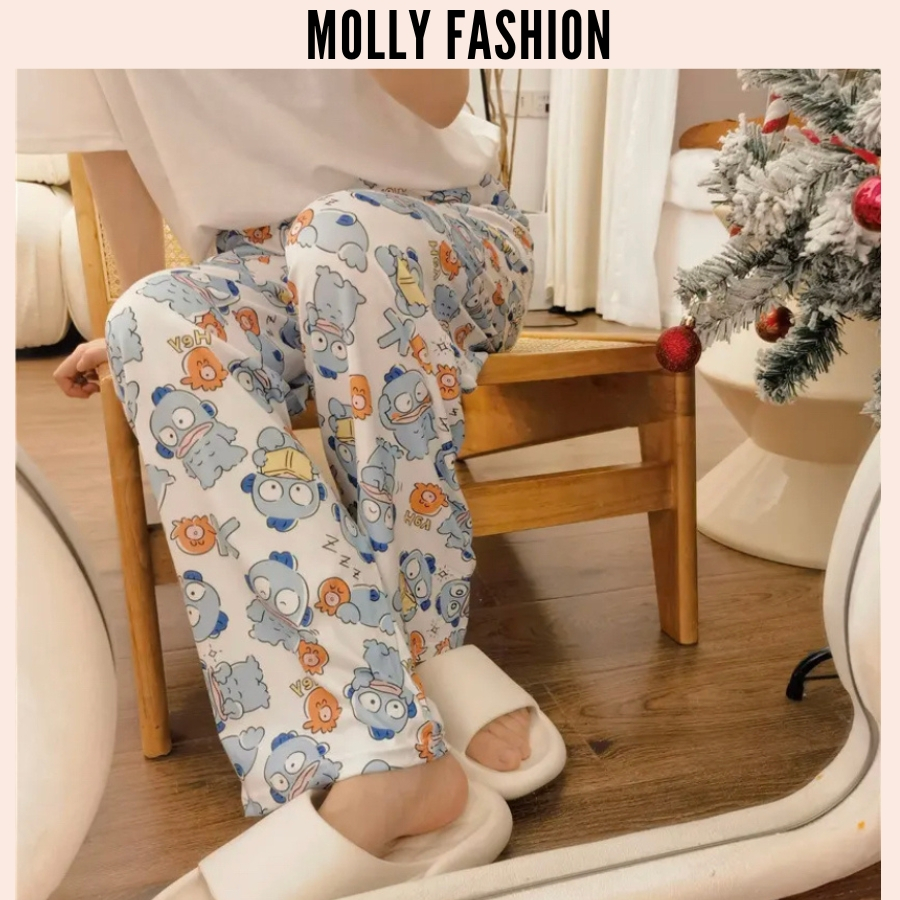 QUẦN DÀI CÁ MỰC Unisex DƯỚI 62kg ️ Quần dài thun lạnh hoạt hình mặc nhà nam nữ form rộng ...