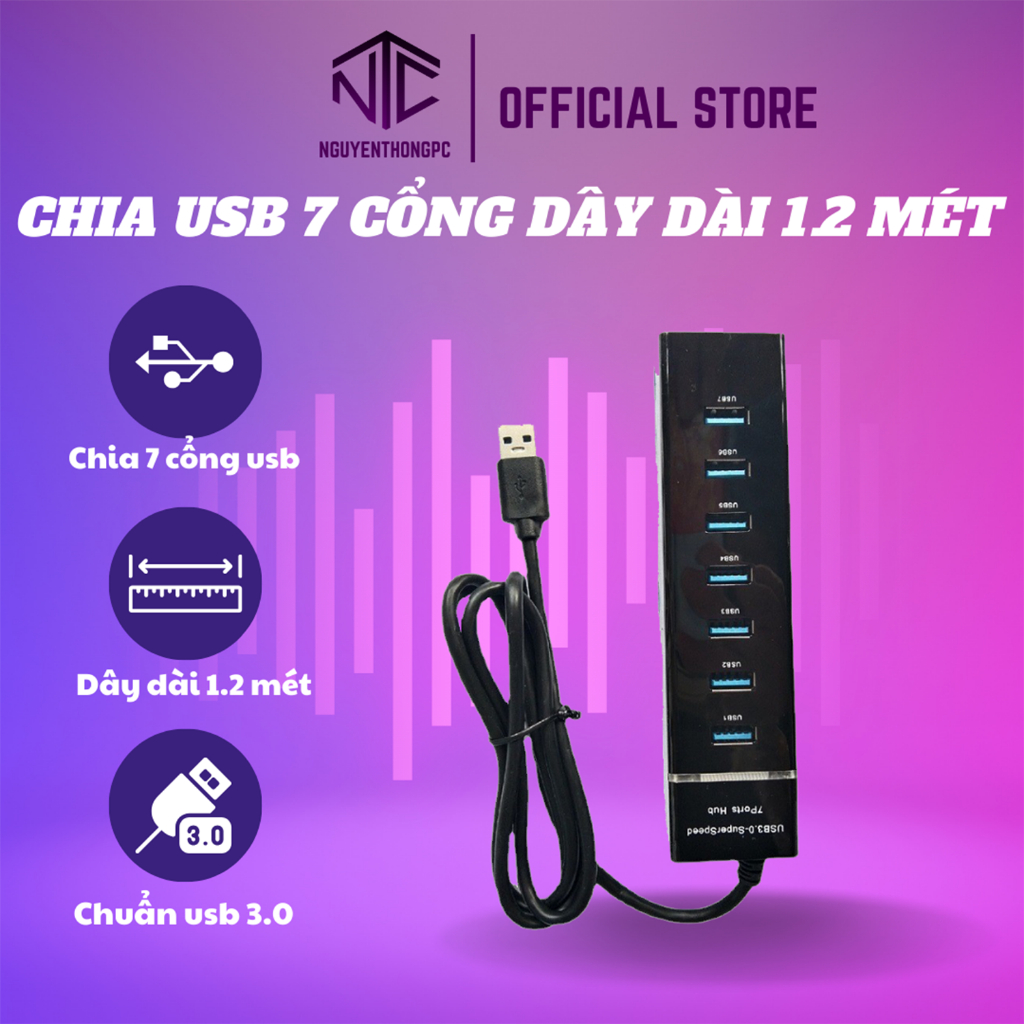 Bộ chia USB 3.0 7 cổng Superspeed 5Gbps dây 1.2m có đèn LED – Hub USB đa năng cho Laptop PC ...