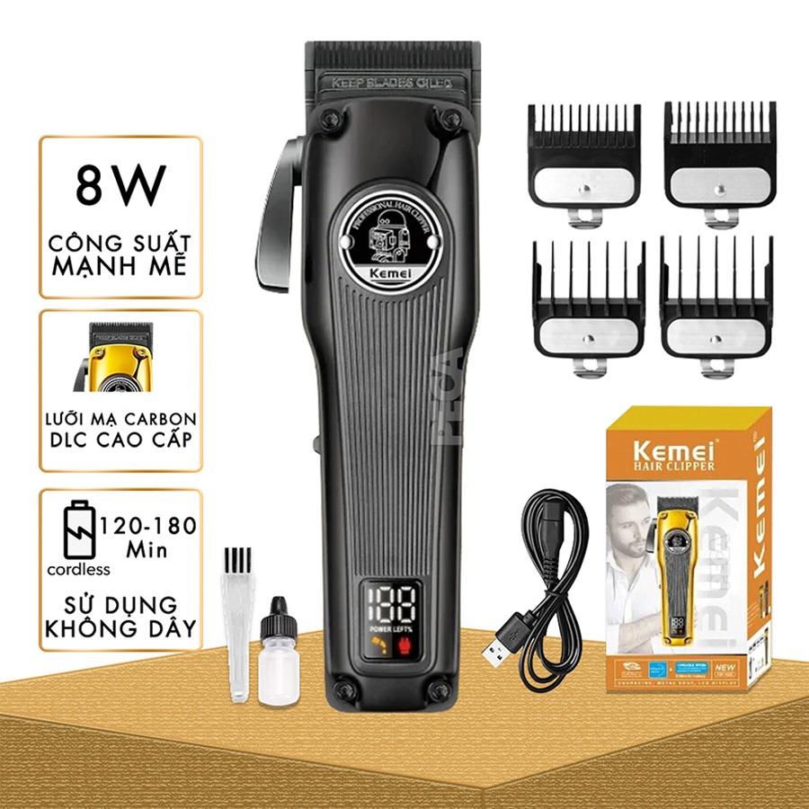 Tông đơ cắt tóc chuyên nghiệp Kemei KM-1825 lưỡi mạ carbon DLC, động cơ ...
