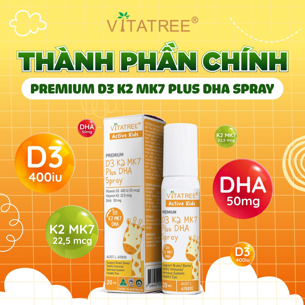 Bổ sung canxi, DHA Vitatree Premium D3K2MK7 Plus DHA Spray 20ml tăng chiều cao cho bé chính hãng ...