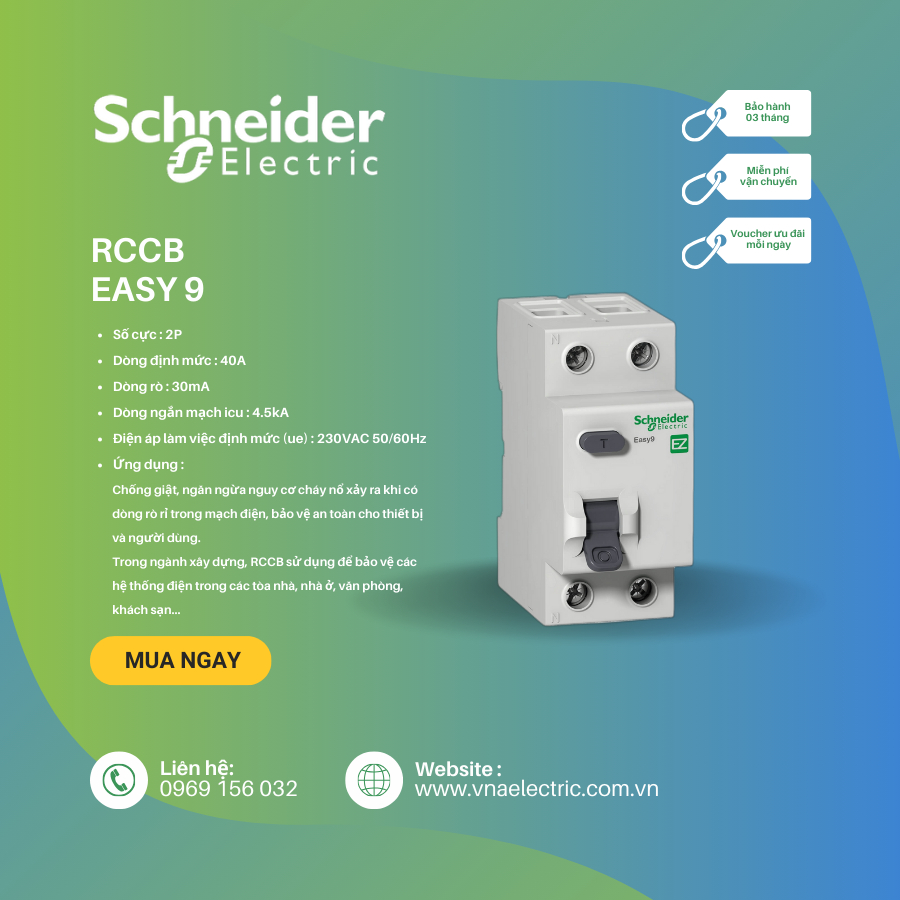 Cầu dao chống rò Schneider Easy 9 RCCB 2P, 40A, 30mA - EZ9R36240 | Shopee Việt Nam