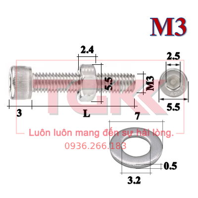 Bulong LGC đầu trụ kèm đai ốc, phẳng inox 304 M3 (3mm - 50mm) (DIN912 ...