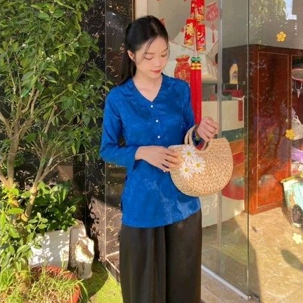 BÀ BA TIM Đồ lam - set bộ bà ba gấm cổ tim đủ màu đủ size | Shopee Việt Nam