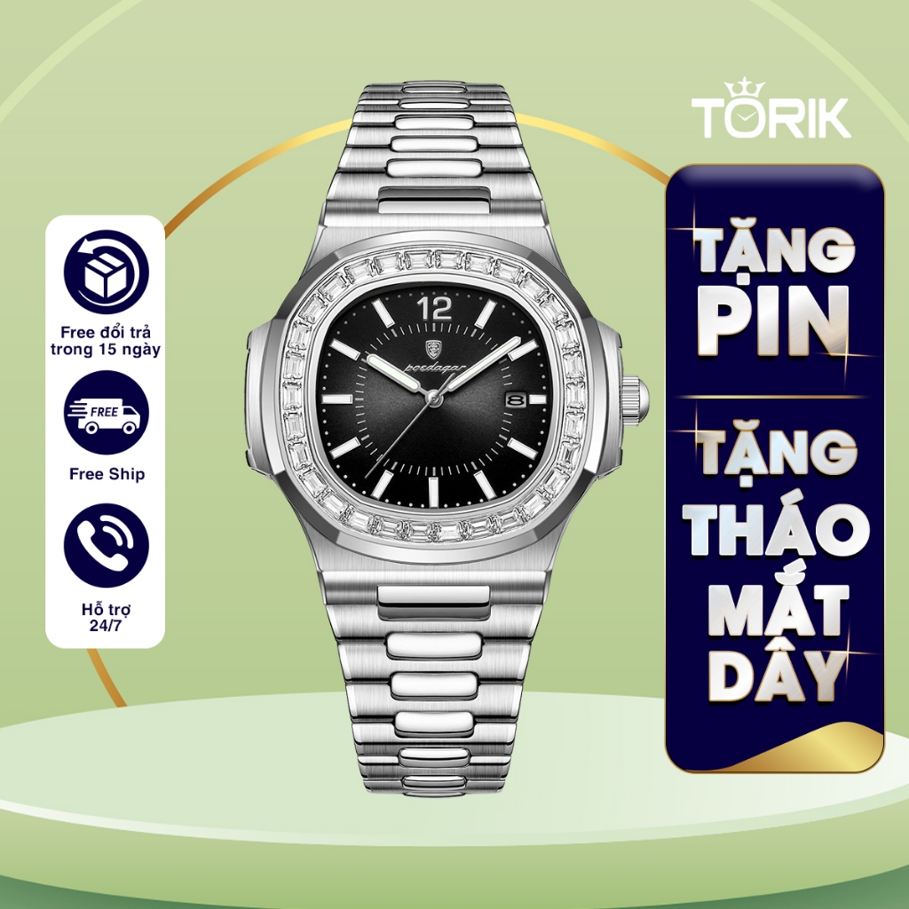 Đồng Hồ Nam Vuông Poedagar P918 đính đá pha lê cao cấp, dây thép không ...