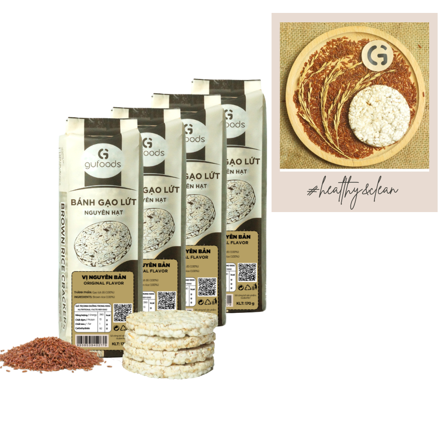 Combo 4 gói Bánh gạo lứt GUfoods (mỗi gói 75g/160g/170g/300g) - Không chiên dầu, Phù hợp Eat ...