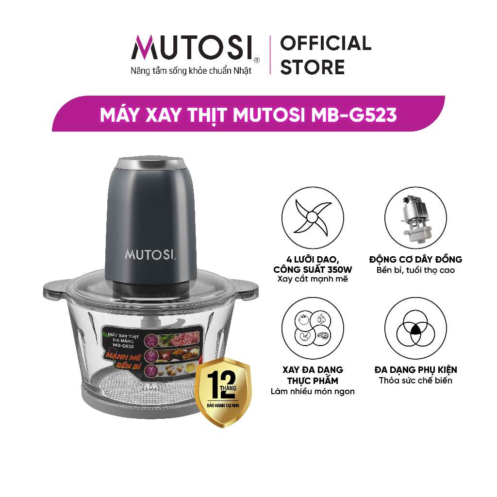 Máy xay đa năng Mutosi MB-G523, Dung tích 1.8L; Xay thịt, xay cua, xay đá, bóc tỏi, đánh trứng ...