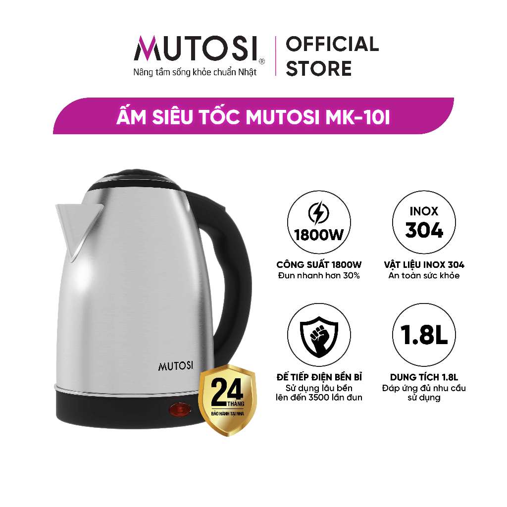 Ấm siêu tốc MUTOSI MK-10I, Inox 304, Công suất 1800W, Bảo hành 24 tháng | Shopee Việt Nam