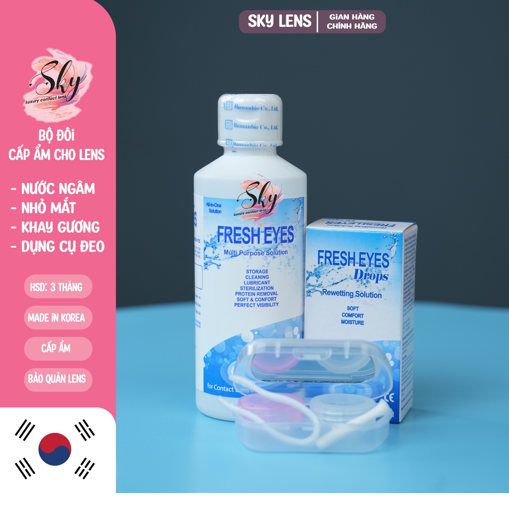 Bộ đôi cấp ẩm cho lens: Nước ngâm(150 ml), Nhỏ mắt (15ml) Sky Contact Lens vệ sinh bảo quản lens ...