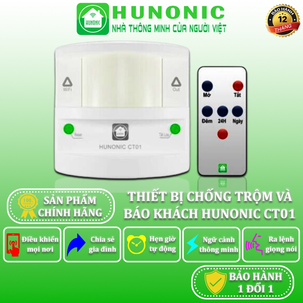 Thiết Bị Chống Trộm Kết Hợp Báo Khách Hunonic CT01, Điều Khiển Từ Xa, Gửi Thông Báo Về Điện ...
