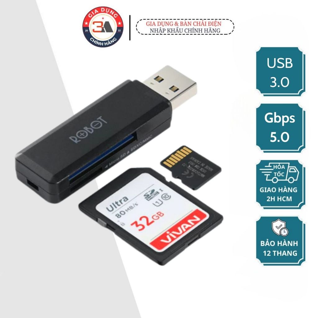 Đầu đọc thẻ nhớ USB ROBOT CR102 Chuẩn USB 3.0 Tốc độ truyền tải nhanh ...