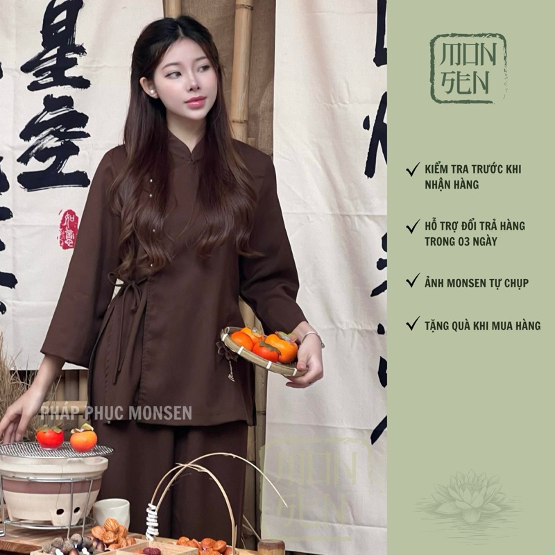 Pháp phục đi chùa đồ lam phật tử vạt chéo đính khuy ngọc thêu sen Monsen 12 | Shopee Việt Nam