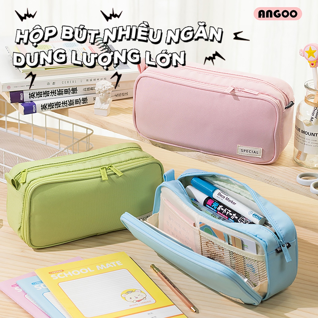 Hộp bút vải canvas ANGOO túi bút double pen case bóp viết nhiều ngăn đa ...