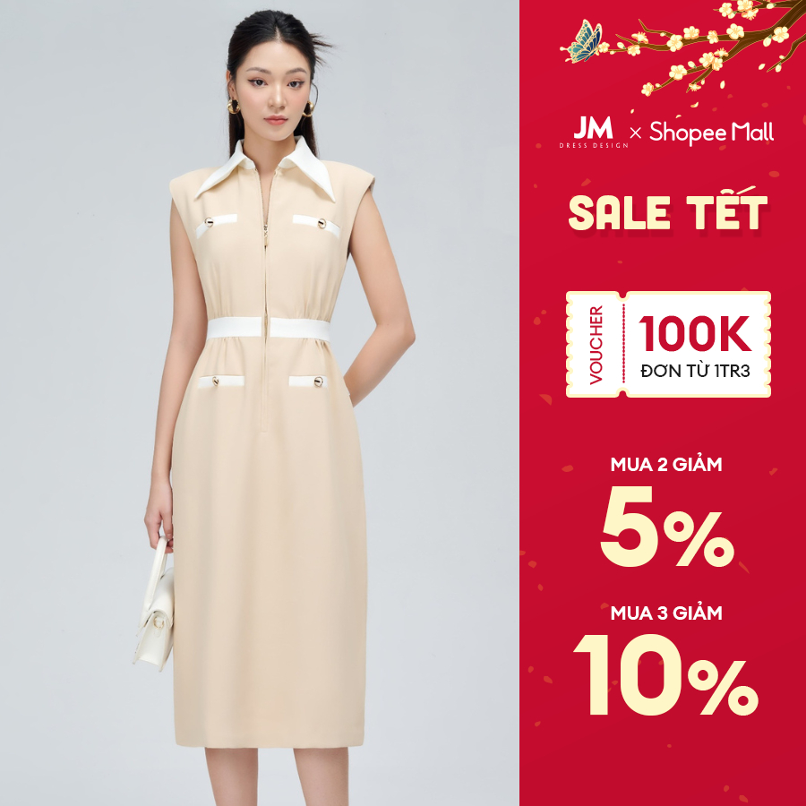 Đầm thiết kế JM Dress Design liền cổ sơ mi phối túi, phối cạp eo tạo ...