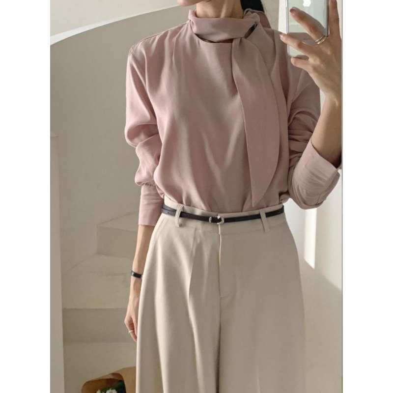 Áo sơ mi công sở nữ GONNOI, chất liệu lụa mềm mại, thiết kế cổ dây mặc ...