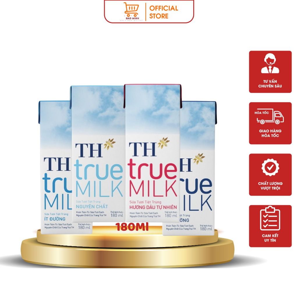 Thùng 48 Hộp Sữa Tươi Tiệt Trùng TH True Milk 180ml Hương Dâu, Ít Đường, Nguyên Chất, Có Đường ...