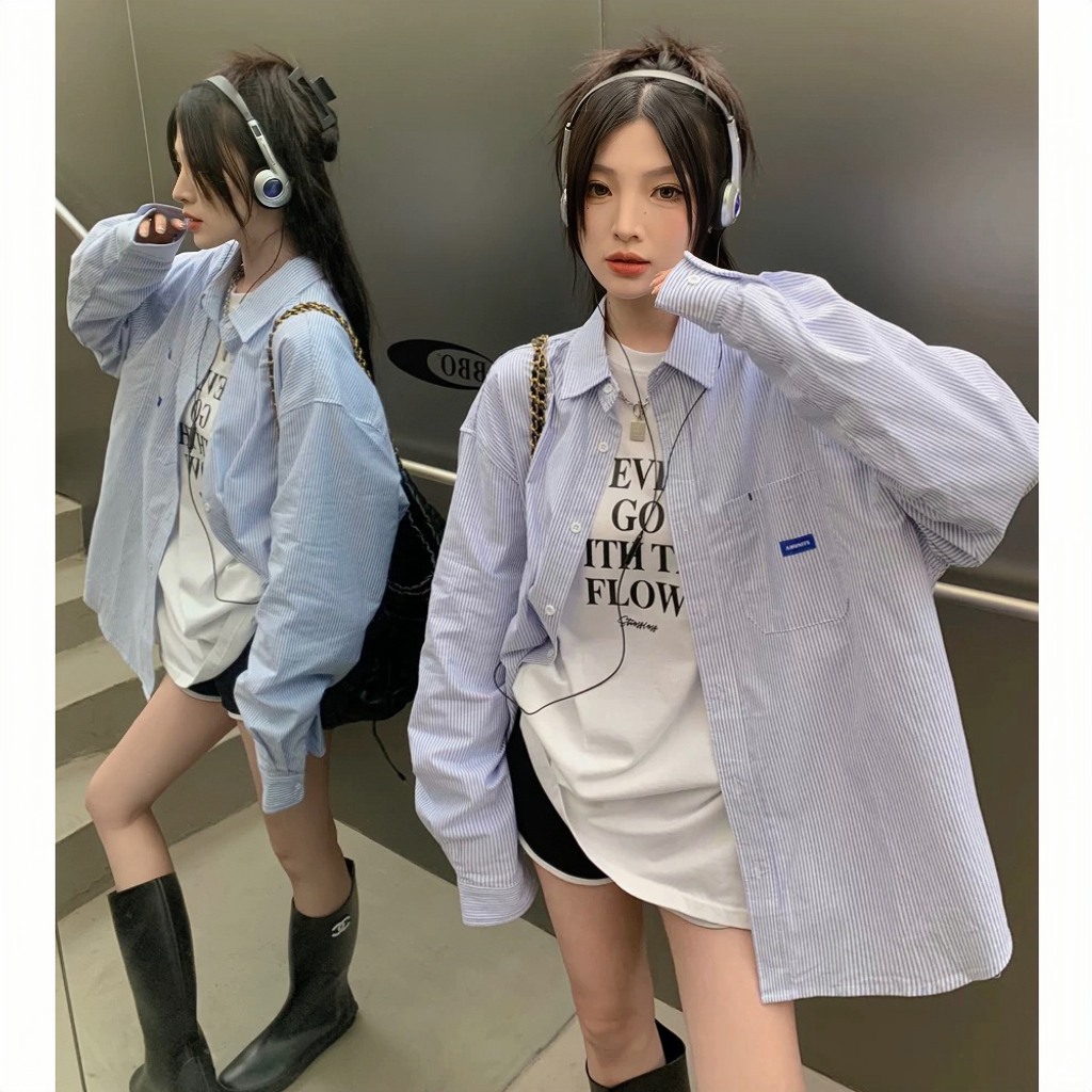 Áo sơ mi kiểu nữ chất cotton họa tiết kẻ sọc thêu hình dài tay form rộng 2 màu Kozoda SM238 ...