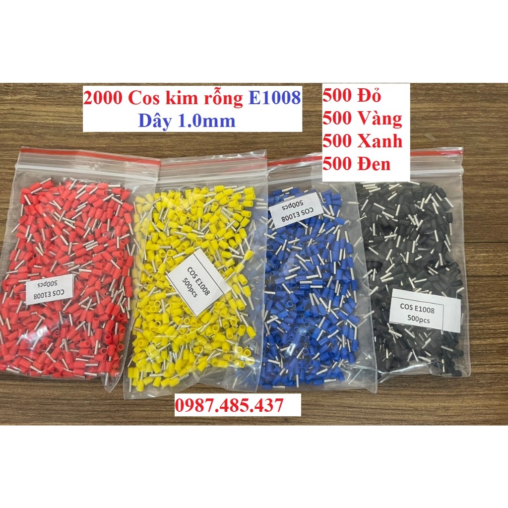 Combo 4 màu cos kim rỗng bóp đầu dây điện ( 0.5 - 6mm2), Cos pin E0508, E7508, E1008, E1508 ...