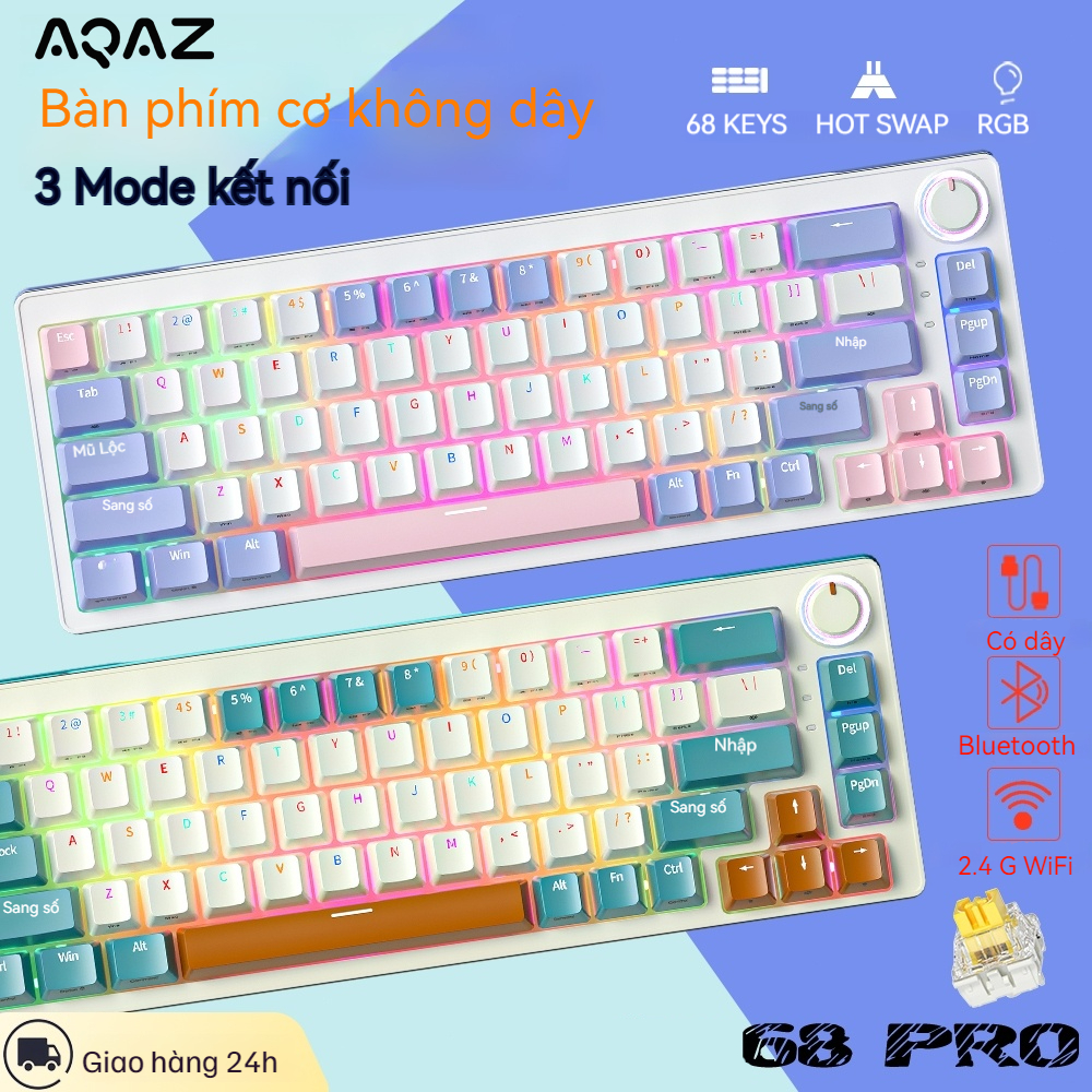 Bàn phím cơ không dây MK68 phím HOTSWAP 3 Mode Bluetooth /2.4G/có dây ...