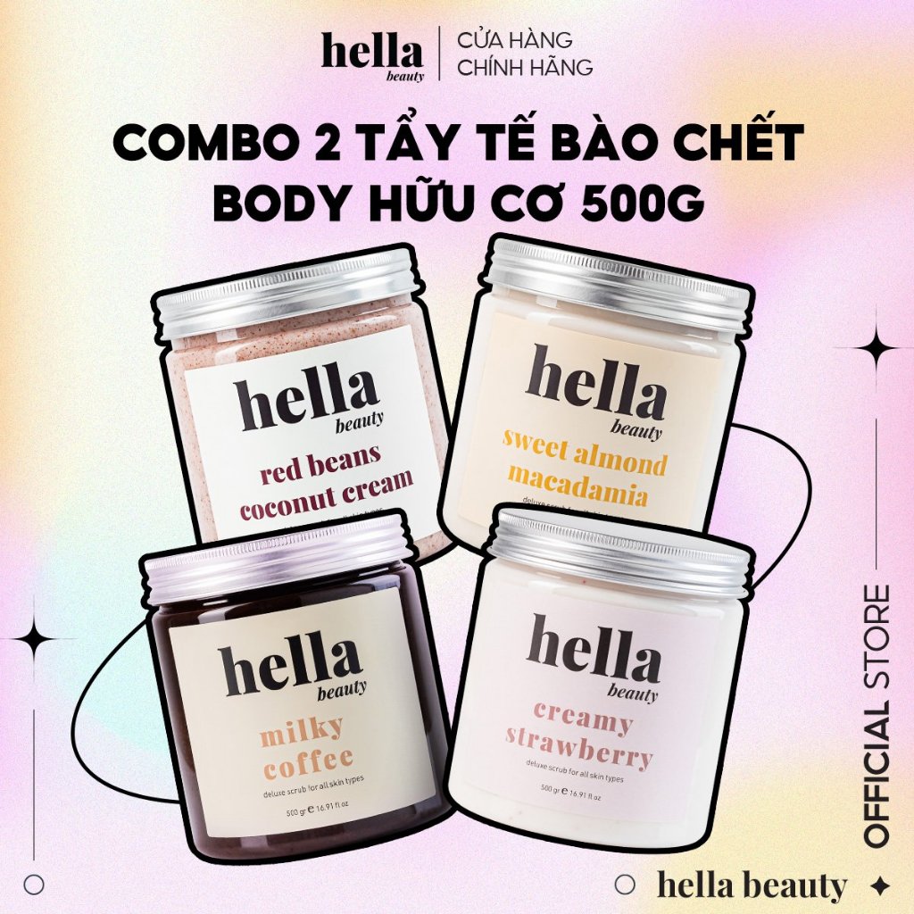 (COMBO 2) Tẩy tế bào chết body hữu cơ 500g Hella Beauty Giúp Dưỡng Trắng Da Toàn Thân, Giảm Mụn ...