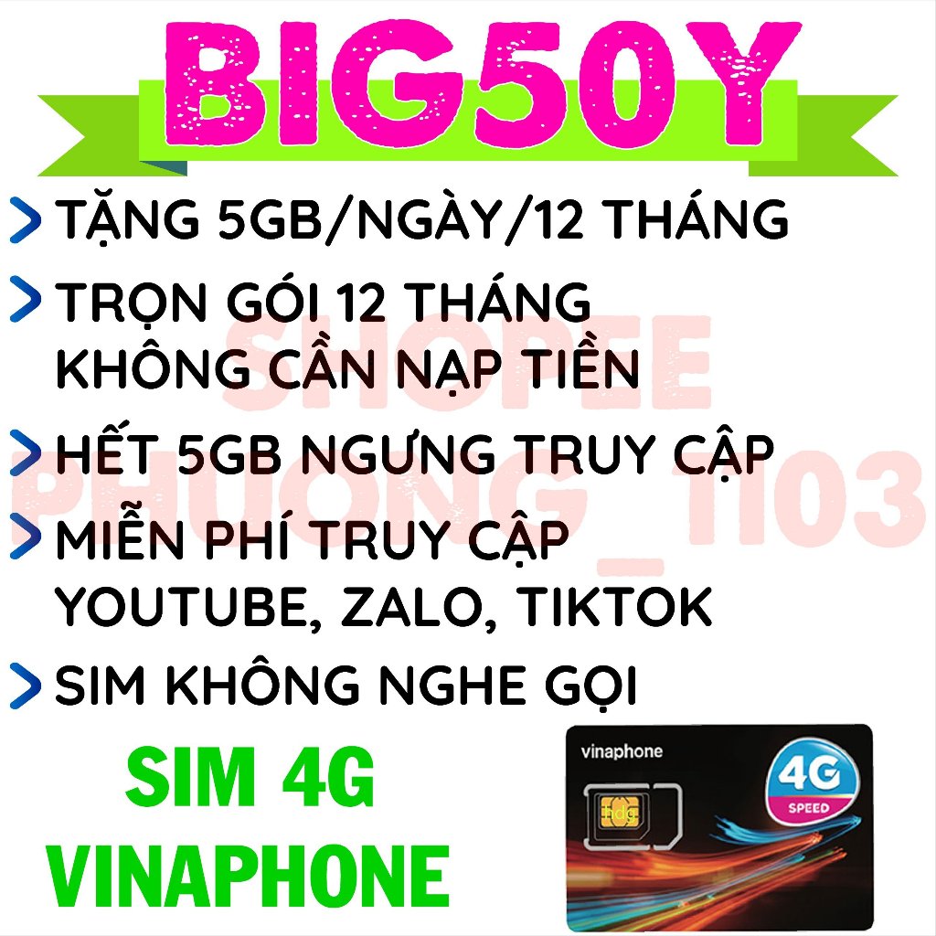 Sim 4G vina BIG50Y tặng 5gb/ngày miễn phí 3 và 15 tháng không phải nạp tiền | Shopee Việt Nam