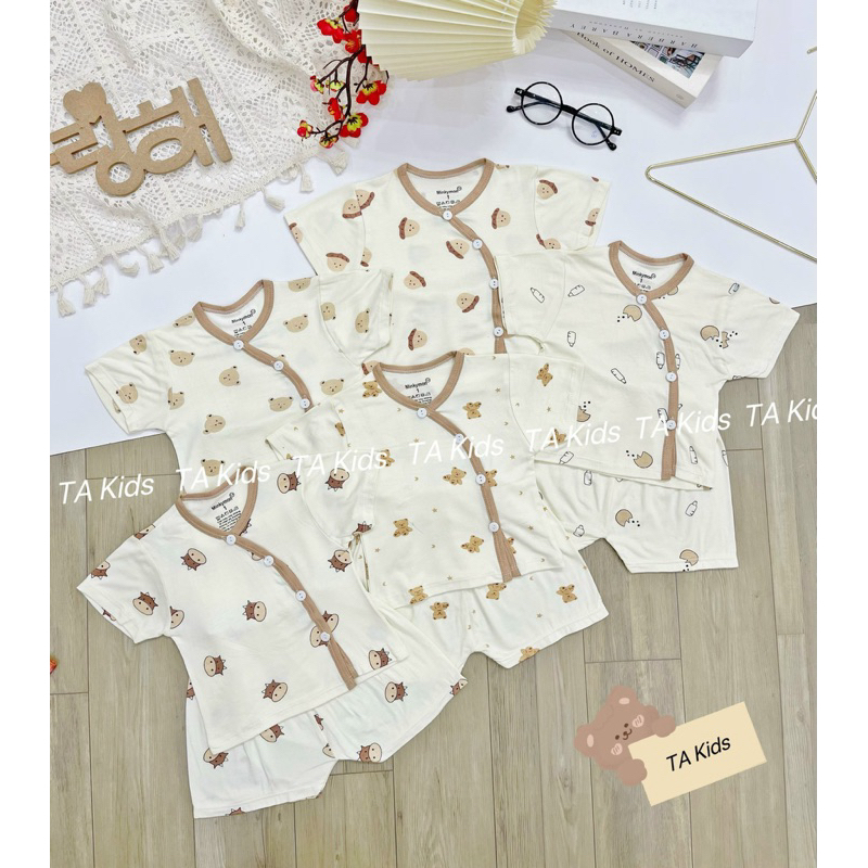 Bộ Sơ Sinh Cộc Tay Nền Kem Viền Nâu Cài Lệch Pettit Thun Lạnh Minky ...