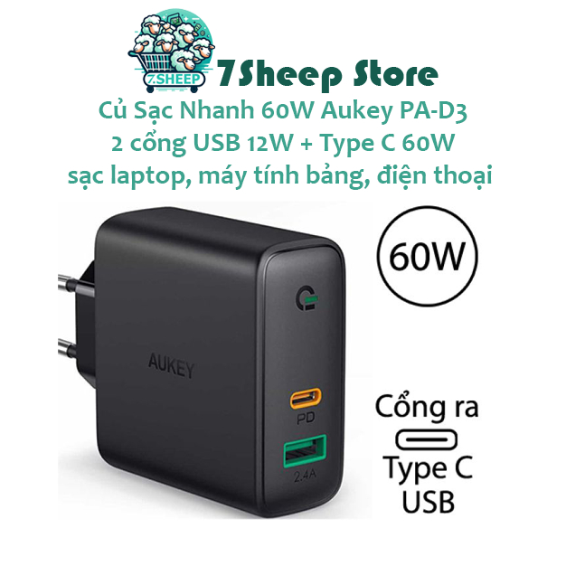 Củ Sạc Nhanh 60W Aukey PA-D3, 2 cổng USB 12W + Type C 60W, sạc laptop, máy tính bảng, điện thoại ...