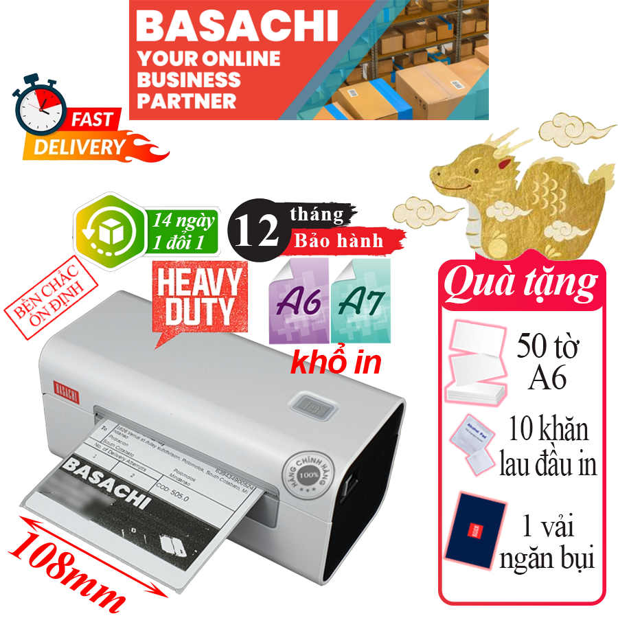 [Quà tặng] Máy in nhiệt BASACHI D465B A6/A7 dùng in đơn hàng giấy in ...