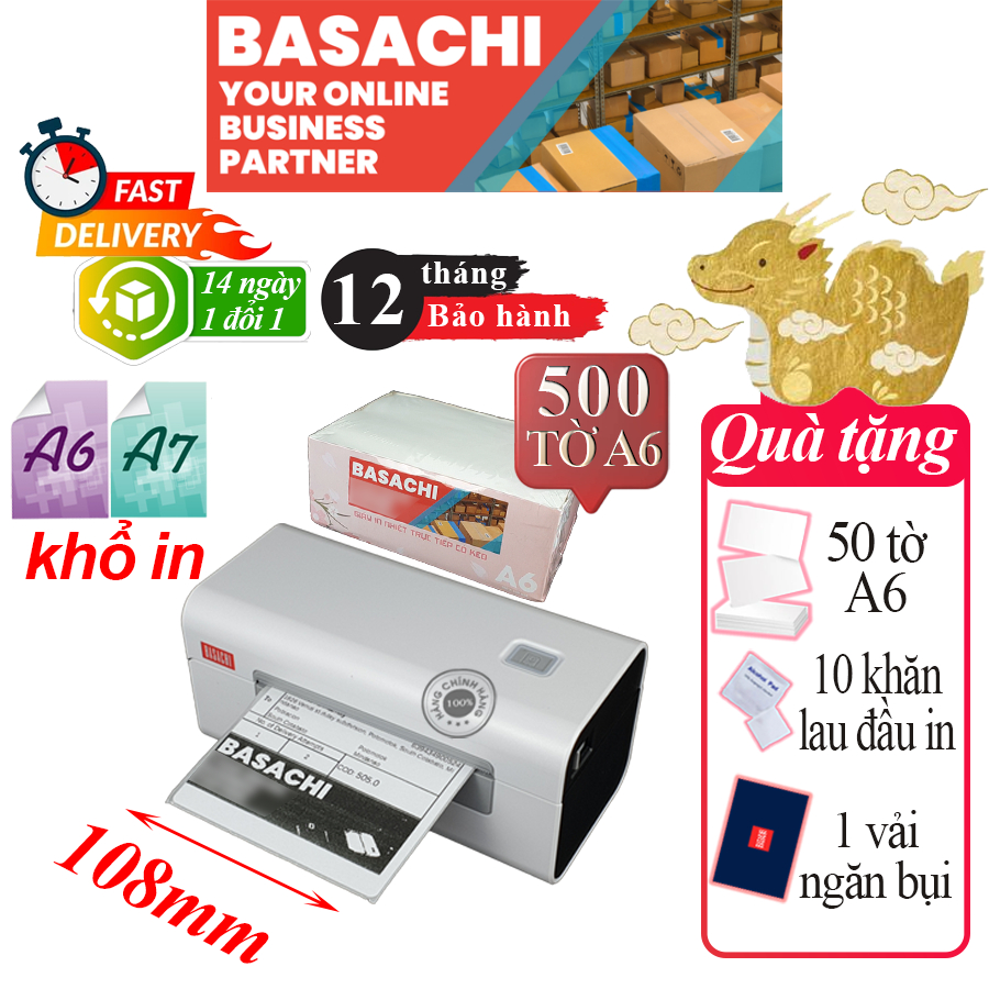 Máy in nhiệt BASACHI D465B + 500 TỜ A6 dùng in đơn Hàng phiếu gửi hàng ...