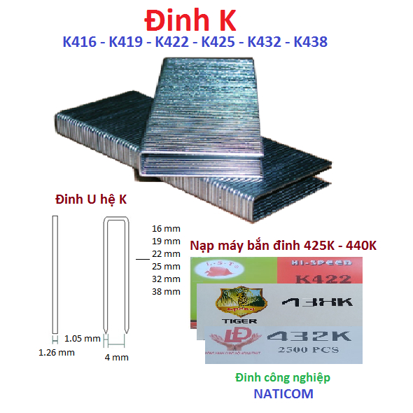 Đinh U bắn gỗ hệ K loại K416 - K419 - K422 - K425 - K432 - K438 Chỉ nạp ...