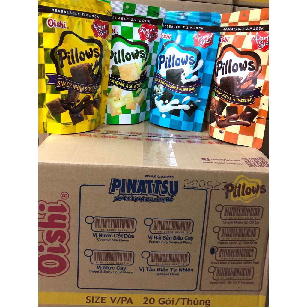 Thùng 20 gói bánh Pillows Oishi Snack nhân socola/ sữa dừa/ cookies vani/ hazelnut/ khoai môn ...