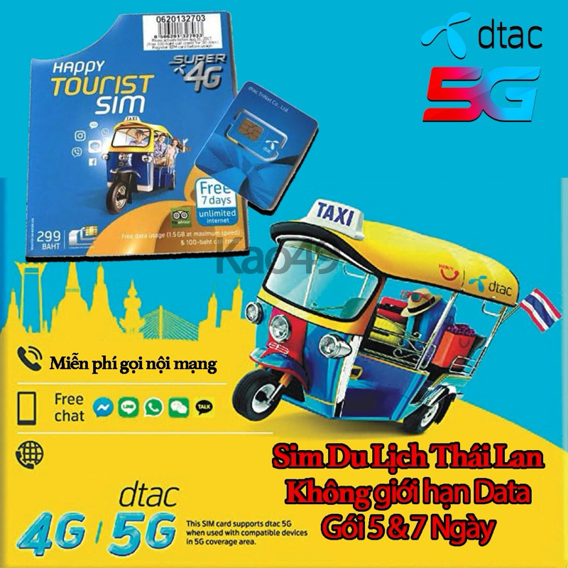sim thái lan, sim du lịch thái lan 5G/ 7 ngày/ không giới hạn dung lượng / Tặng 600THB mã giảm ...