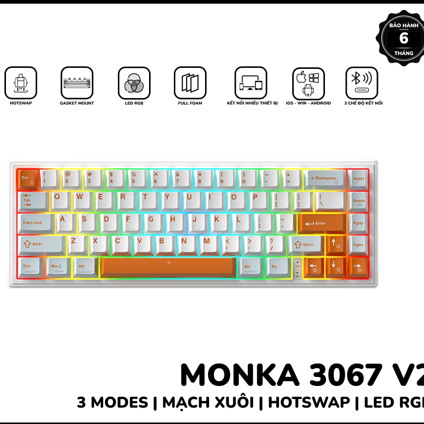 Bàn phím cơ Monka 3067 V2 Pro 3 mode gasket mount mạch xuôi hotswap ...