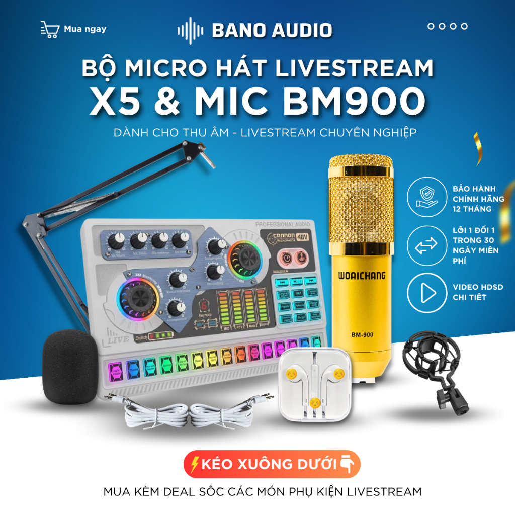 Mic Thu Âm | Micro Livestream Sound Card X5 & Mic BM900 Hát Livestream Điện Thoại Chuyên Nghiệp ...