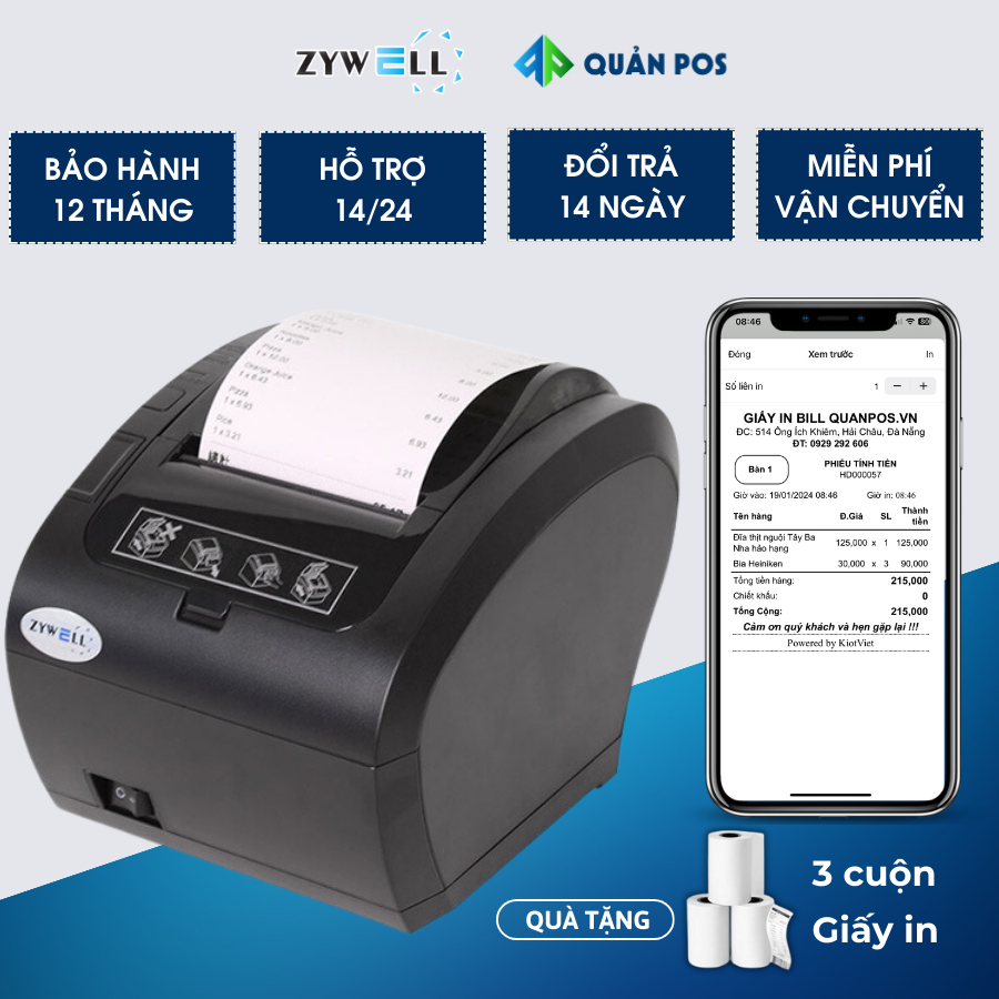 Máy in hóa đơn nhiệt K80 kết nối điện thoại, máy tính Zywell ZY303 ...