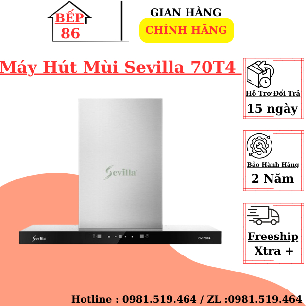 Máy hút mùi Sevilla 70T4 | Hút mùi cảm biến vẫy tay | Công suất 1300m3/h | Bảo hành 2 năm ...