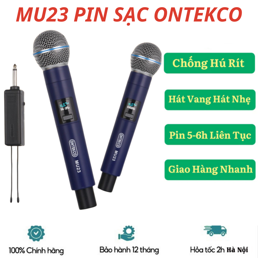 Bộ 2 micro karaoke ONTEKCO không dây MU23 cao cấp, hiển thị tần số ...