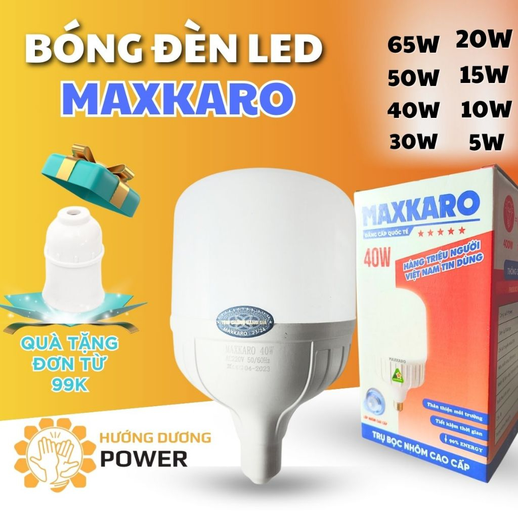 Bóng đèn LED trụ nhôm MAXKARO ánh sáng mạnh 65W 50W 40W 30W 20W 15W 10W 5W, Tiết kiệm điện Bảo ...