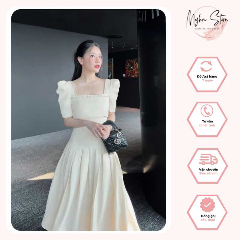 Đầm cổ vuông viền đá xếp li sang trọng | Shopee Việt Nam