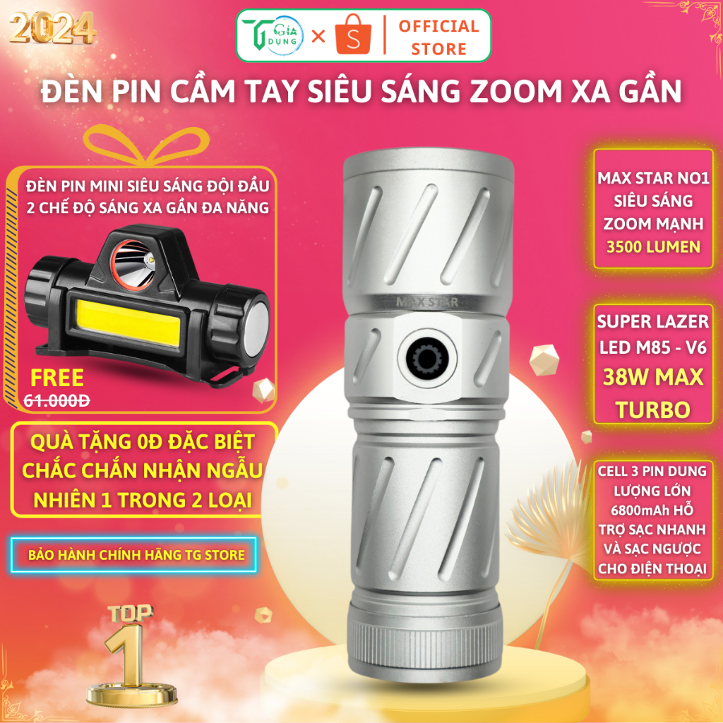 Đèn pin MAX STAR NO1 PRO cầm tay siêu sáng chiếu xa 750 mét ZOOM sáng ...